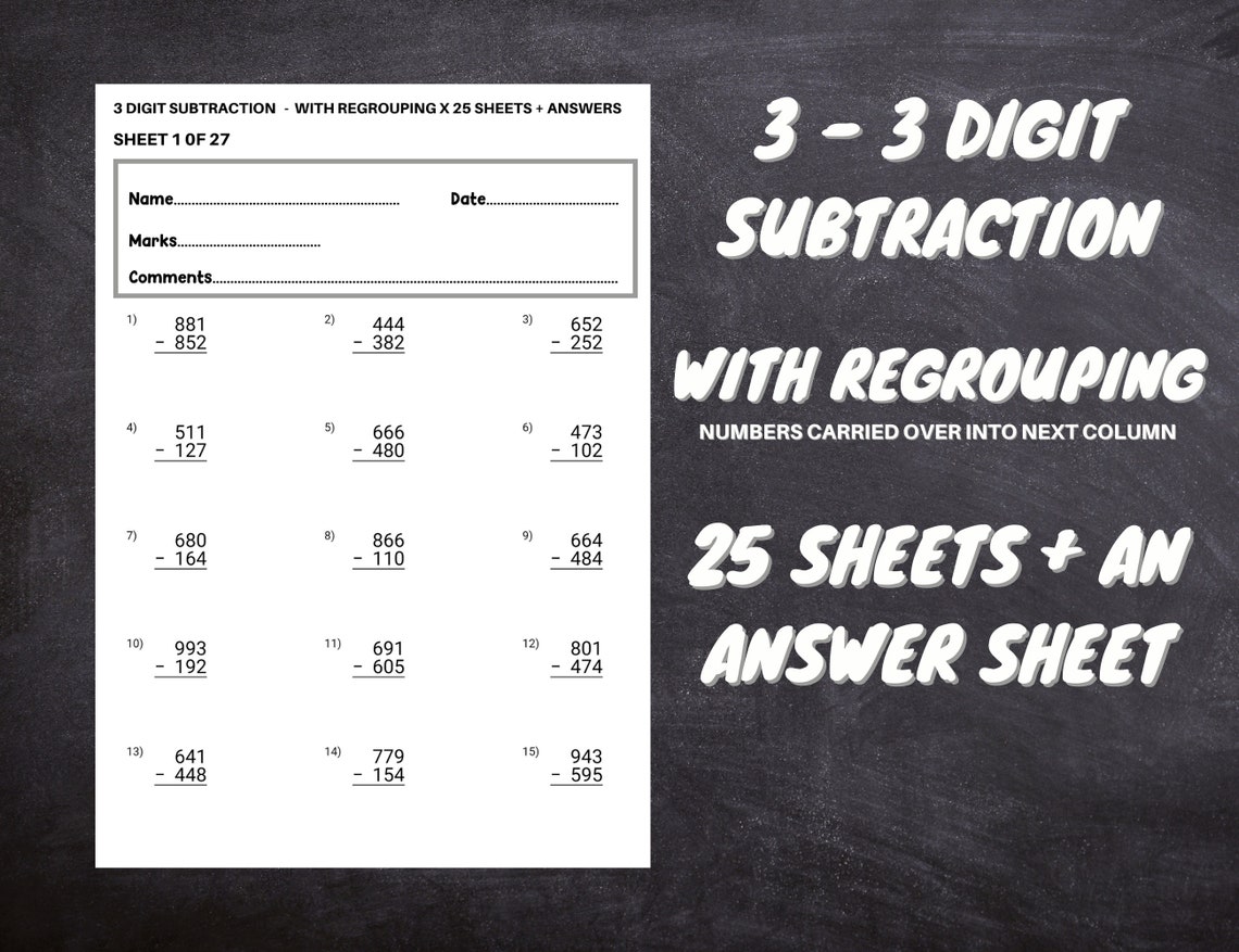 Subtraction Worksheets: 2 & 3 Digit Regrouping - 50 Sheets (PDF Pattern ...