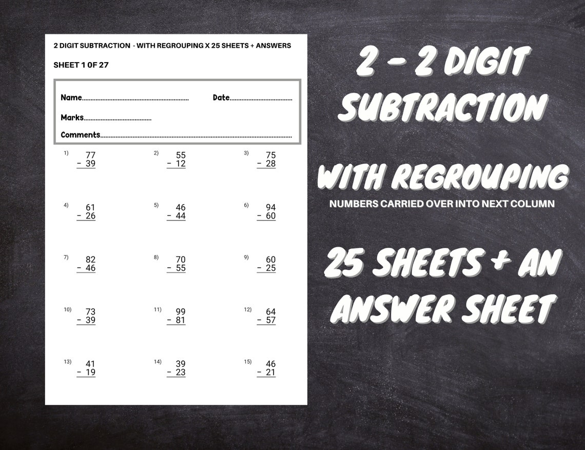 Subtraction Worksheets: 2 & 3 Digit Regrouping - 50 Sheets (PDF Pattern ...