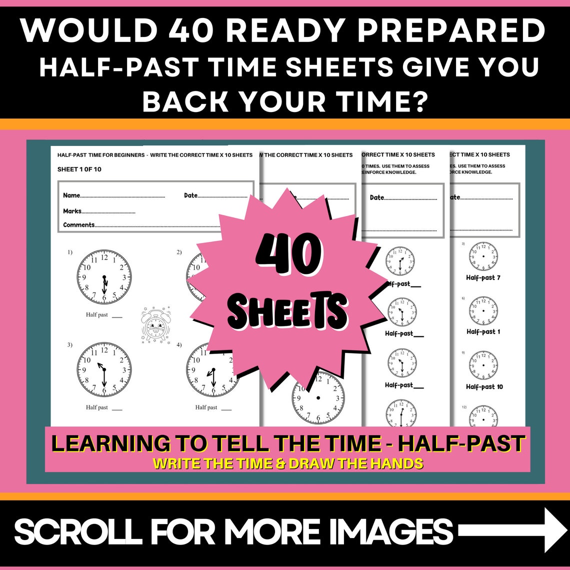 Half-past Time Telling Time Worksheets Primary School TA in Control ...