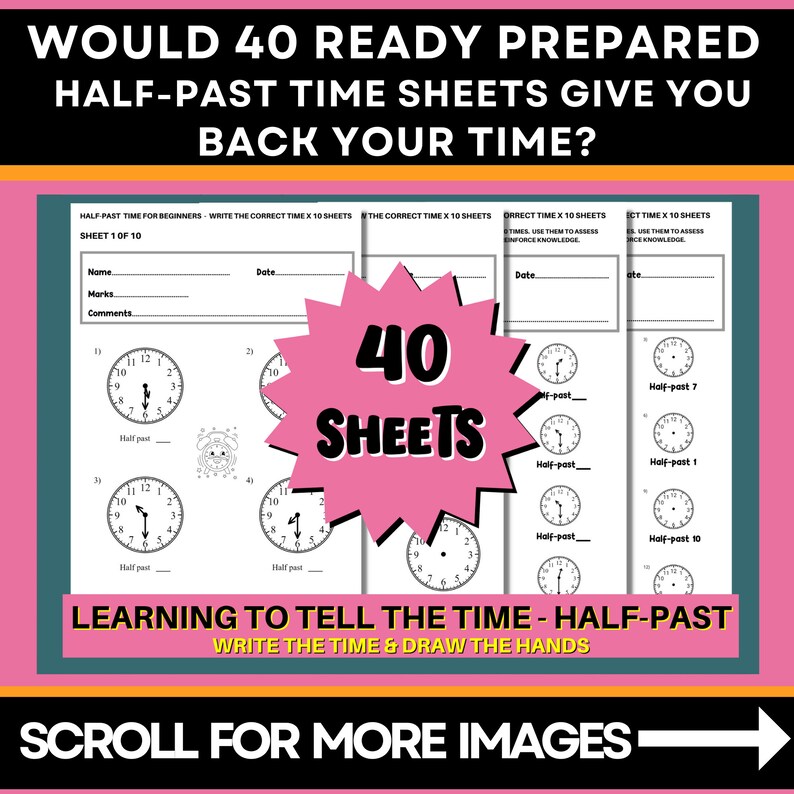 Half-past Time Telling Time Worksheets Primary School TA in Control ...