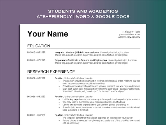 Academic CV Template Master/phd Application Students - Etsy