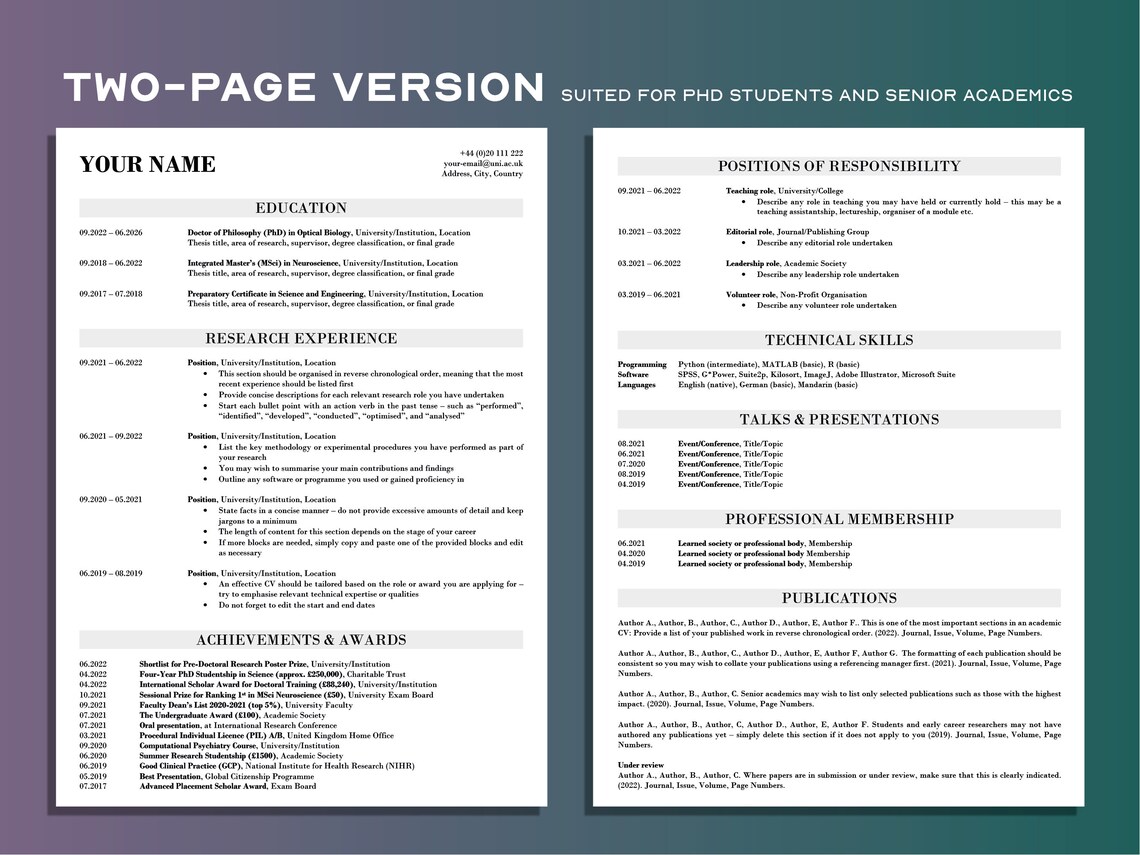 Academic CV Template | Master/phd Application | Students + Researchers ...