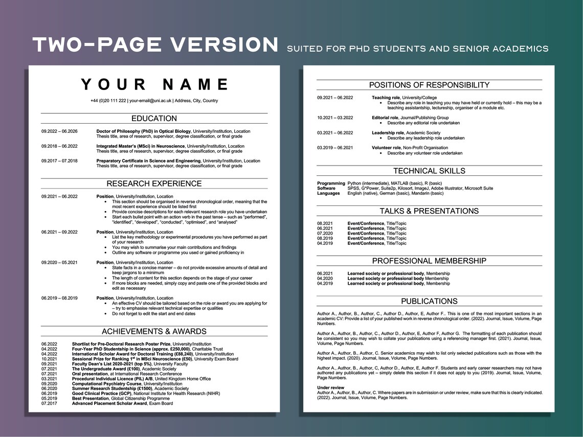 Academic CV Template | Master/phd Application | Students + Researchers ...