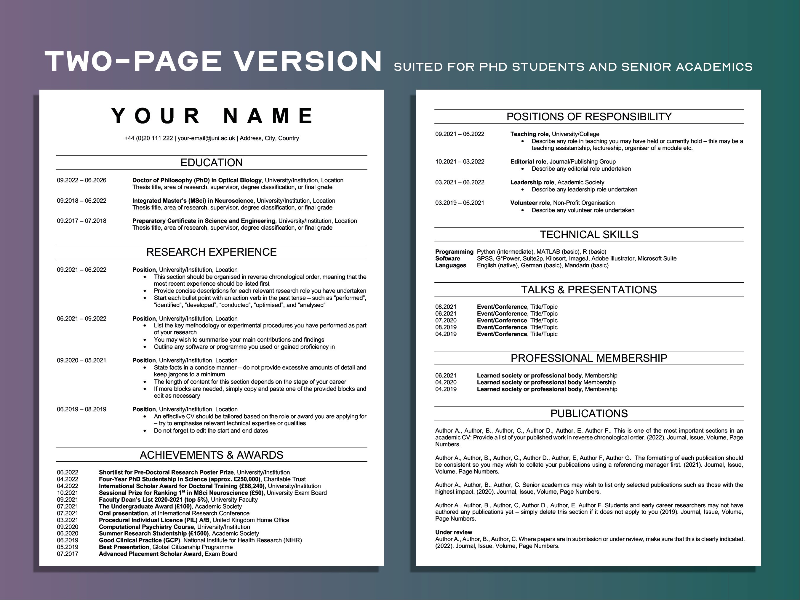 Academic CV Template | Master/phd Application | Students + Researchers ...