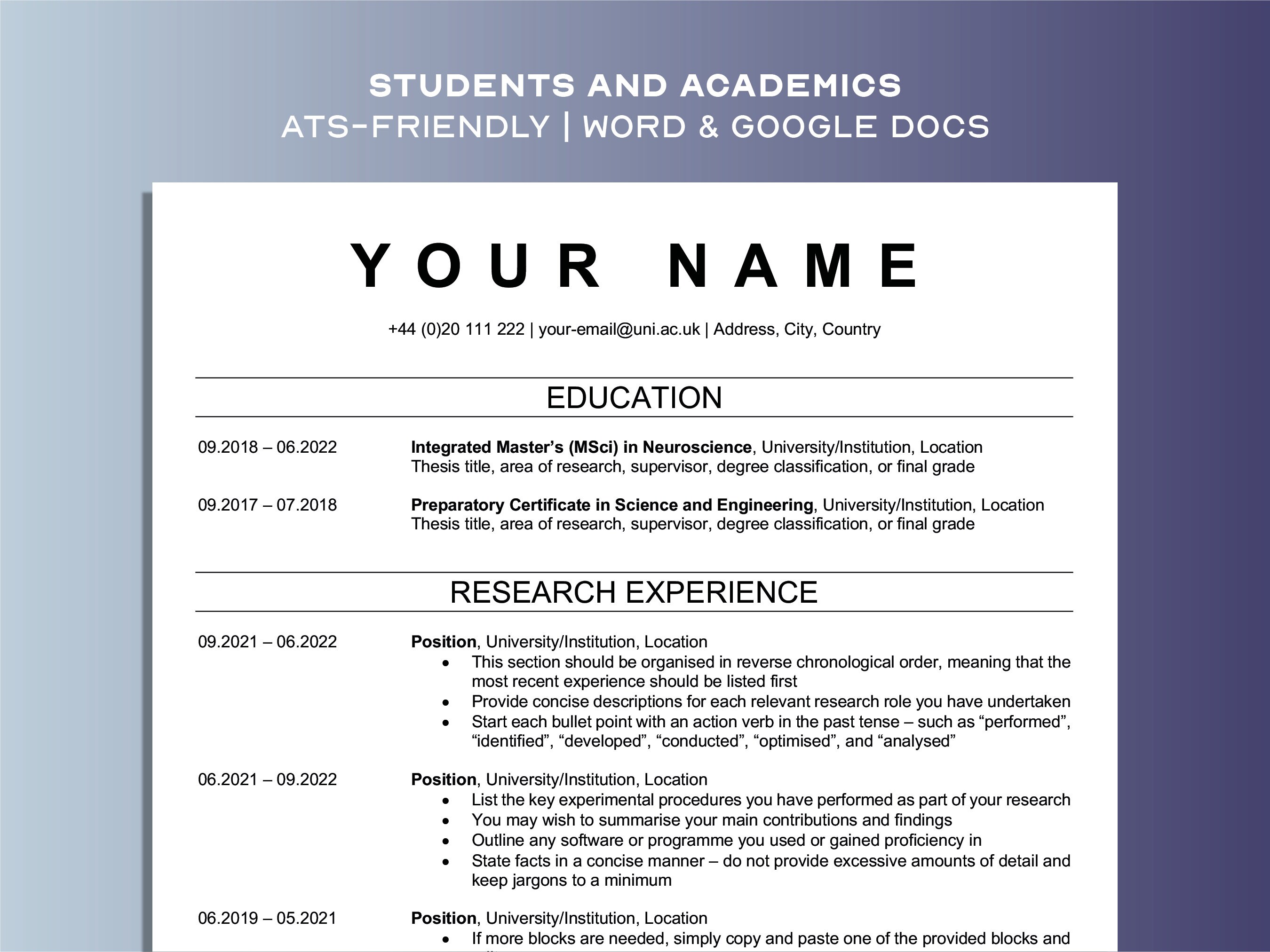 Academic CV Template | Master/phd Application | Students + Researchers ...