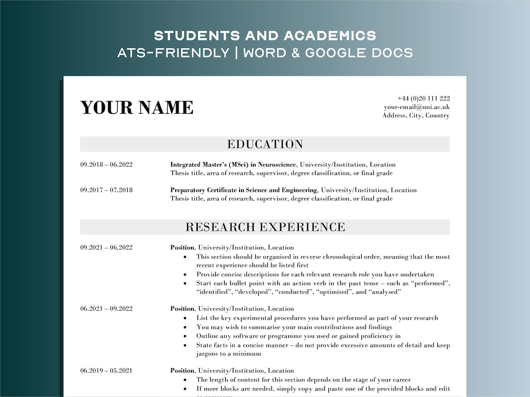 Academic CV Template | Master/phd Application | Students + Researchers ...
