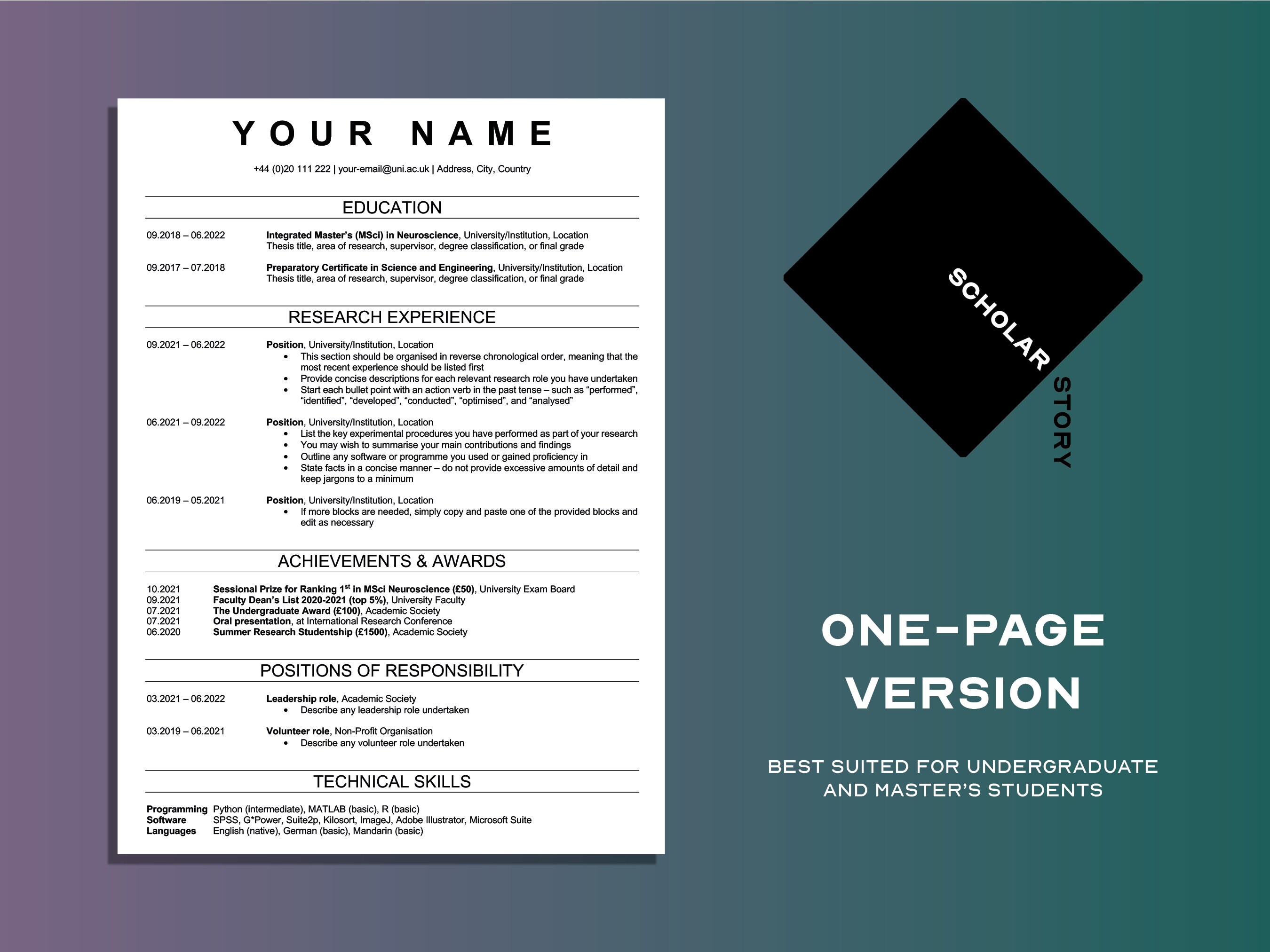 Academic CV Template | Master/phd Application | Students + Researchers ...