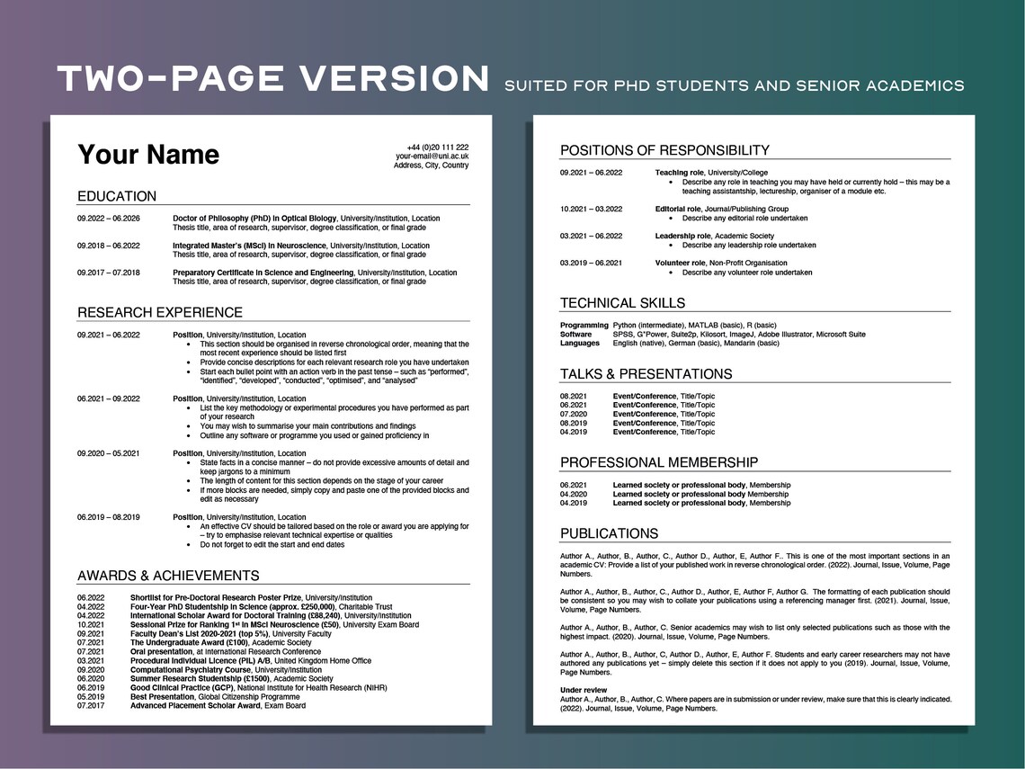 Academic CV Template | Master/phd Application | Students + Researchers ...