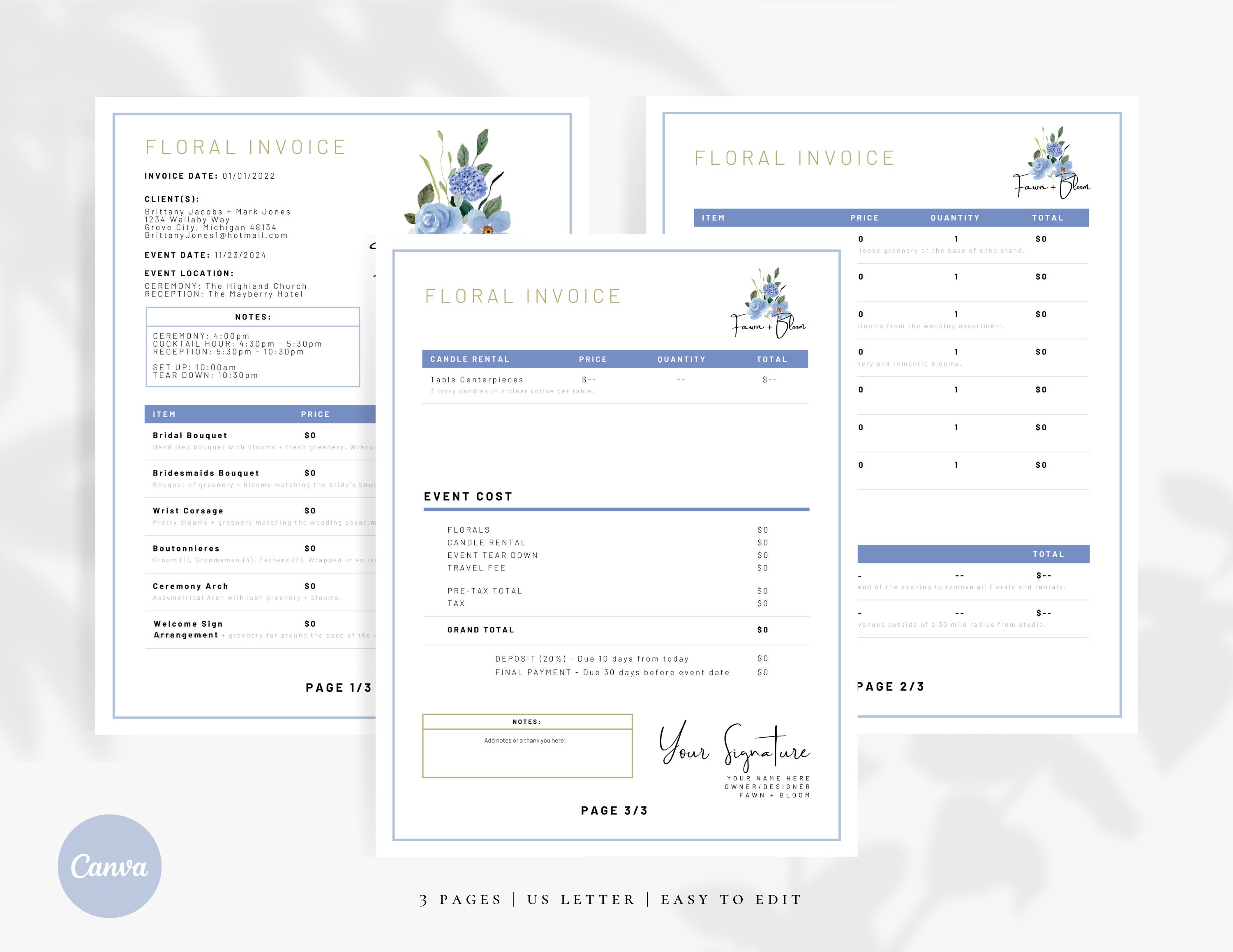 Canva Wedding & Event Invoice Template - for Florists, Wedding ...
