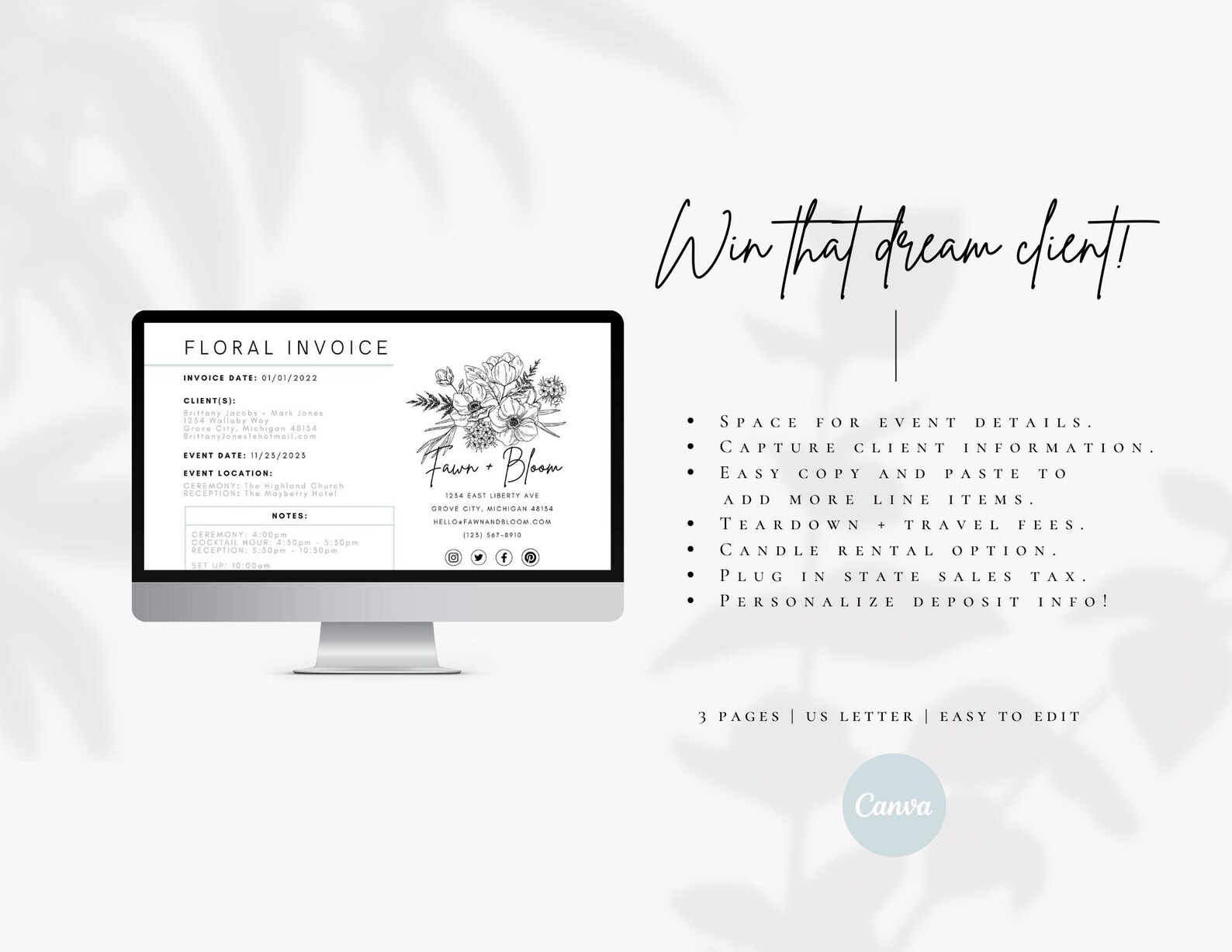 Canva Wedding Event Floral Invoice Fawn Bloom - Etsy