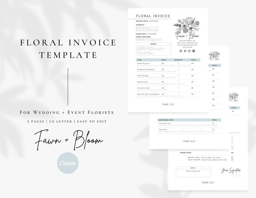 Canva Wedding Event Floral Invoice Fawn Bloom - Etsy