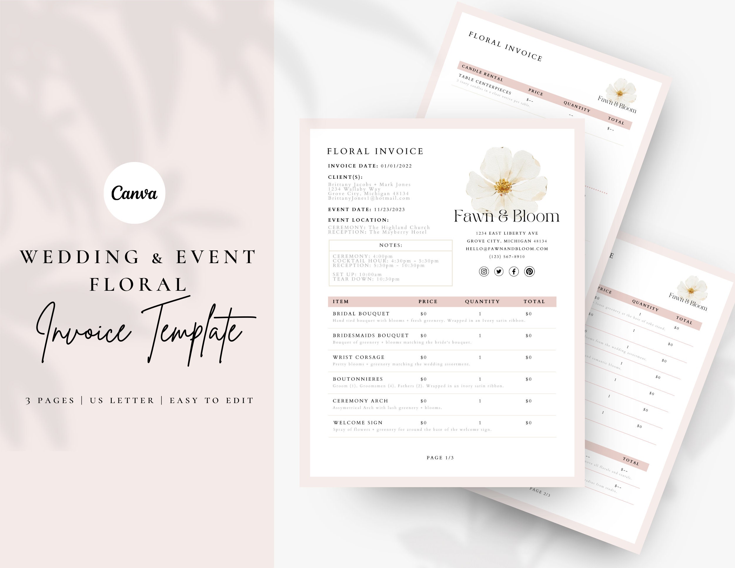 Canva Wedding & Event Proposal Invoice Template - for Florists, Wedding ...