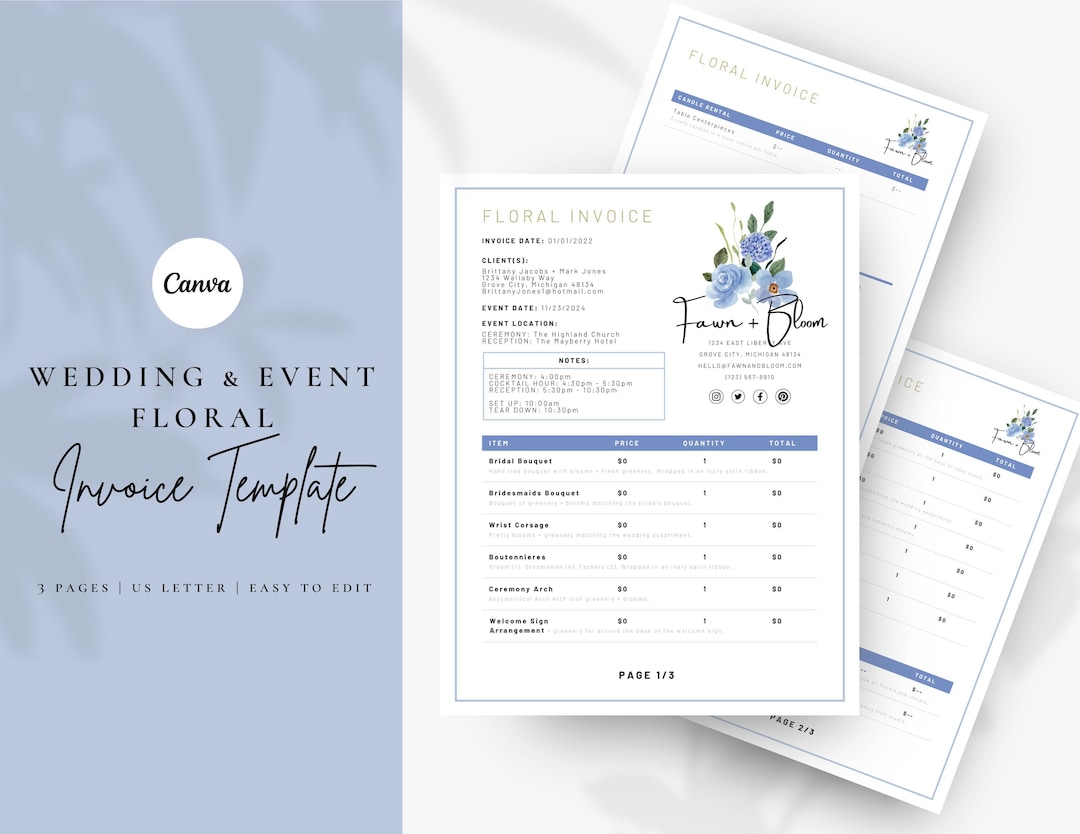 Canva Wedding & Event Invoice Template - for Florists, Wedding ...