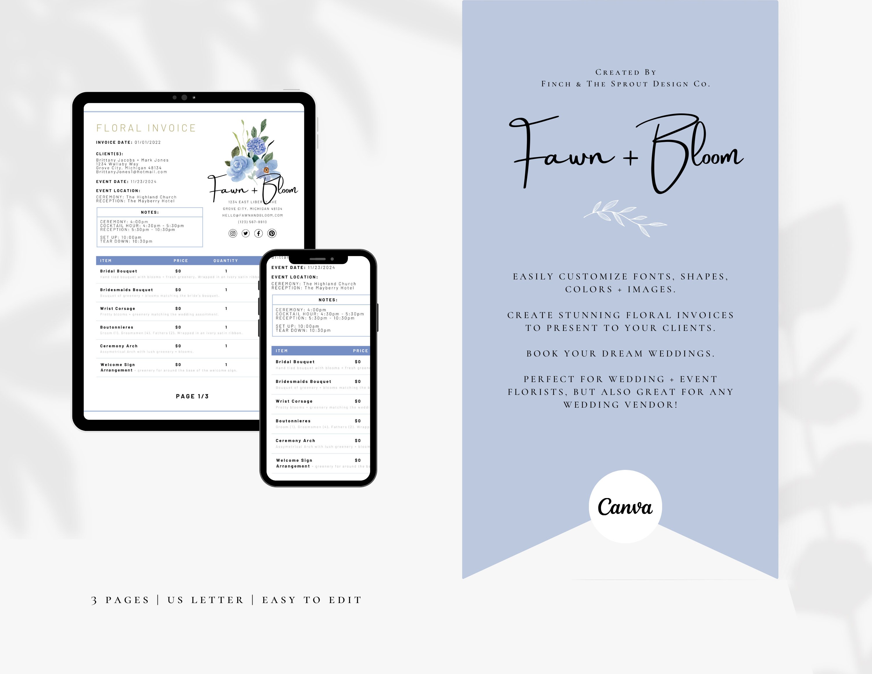 Canva Wedding & Event Invoice Template - for Florists, Wedding ...