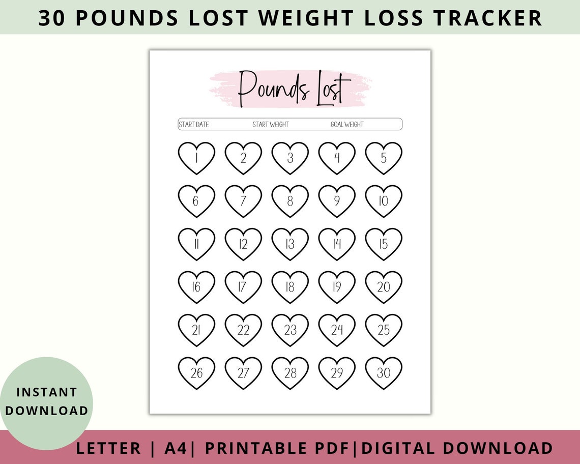 Pounds Lost Printable, 30 Pound Weight Loss Tracker, Instant Digital ...