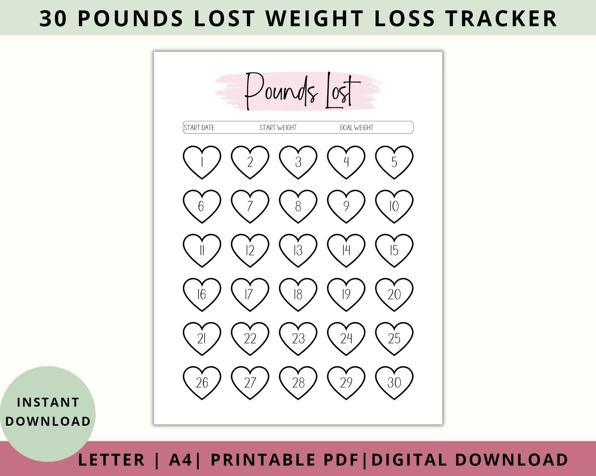 Pounds Lost Printable, 30 Pound Weight Loss Tracker, Instant Digital ...