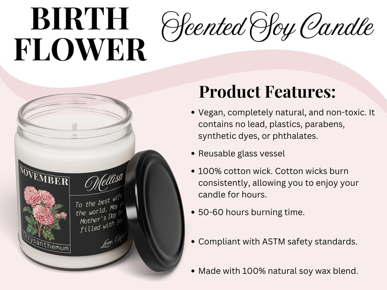 Personalized Birth Flower Candle, Custom Message Birth Month Gift for ...