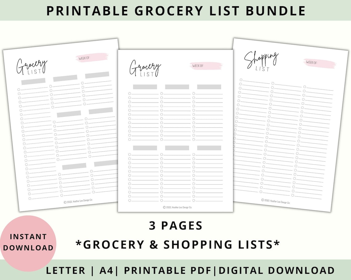 Grocery List Printable Template, Bundle of 3, Digital Download PDF ...