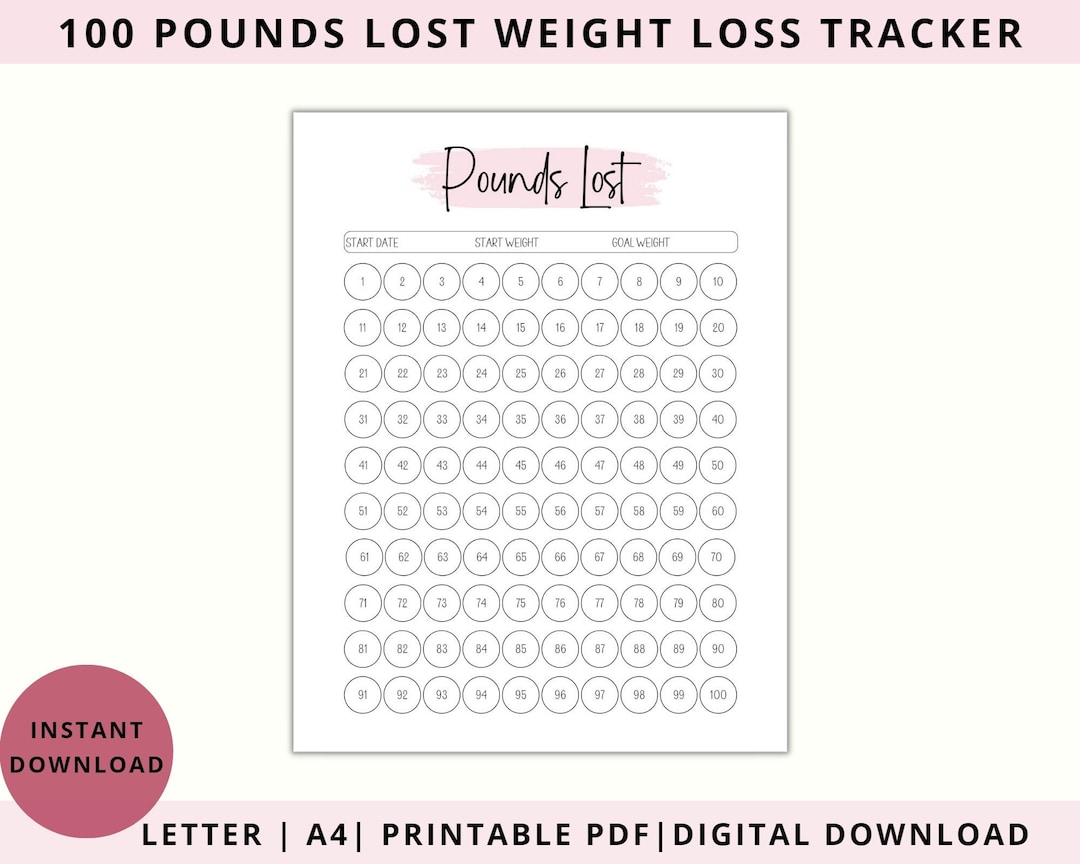 Pounds Lost Printable PDF, 100 Pound Weight Loss Tracker, Instant Digital Download, Weightloss ...