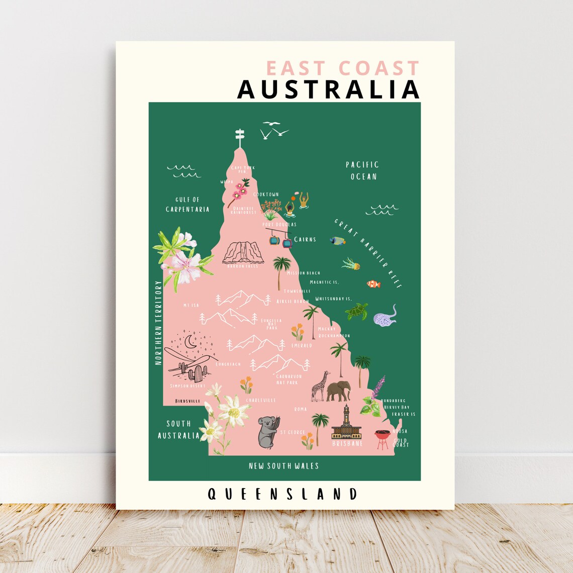 Queensland Map Australia Poster Illustrated Landmark Map - Etsy