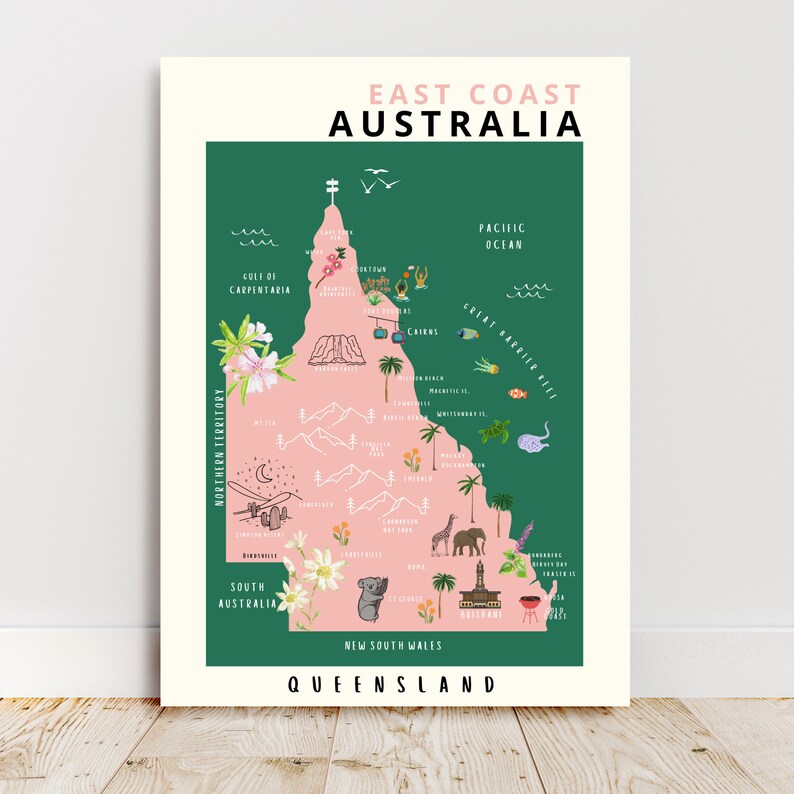 Queensland Map Australia Poster Illustrated Landmark Map - Etsy