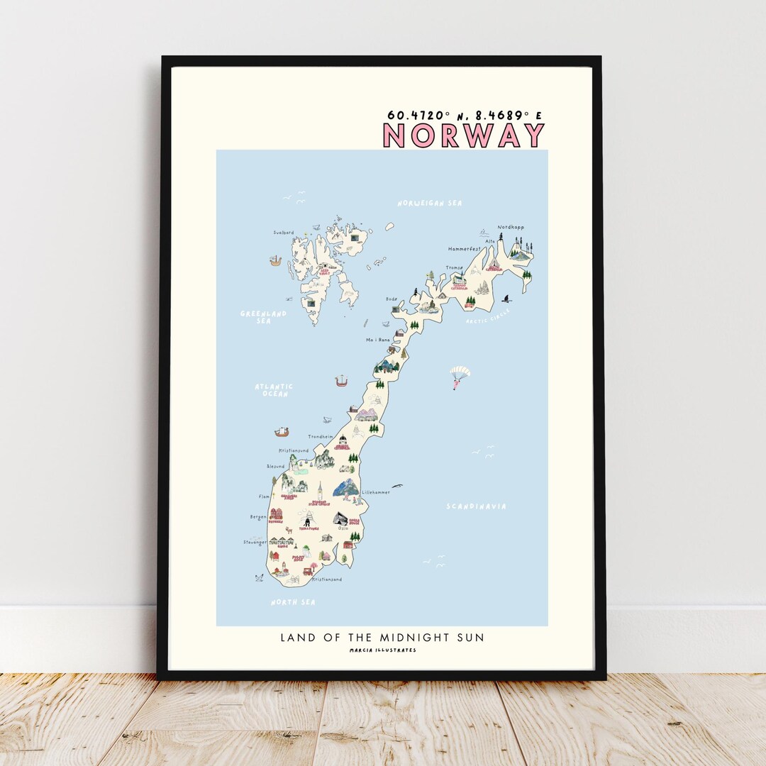 Norway Illustrated Map,norway Map, Norway Print, Norway Fjords Print ...