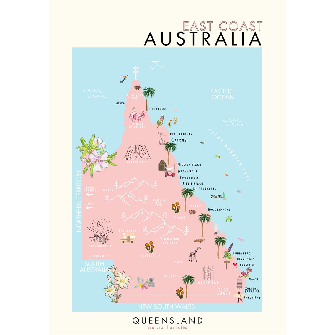 Queensland Map, Australia Poster, Illustrated Landmark Map, East Coast ...