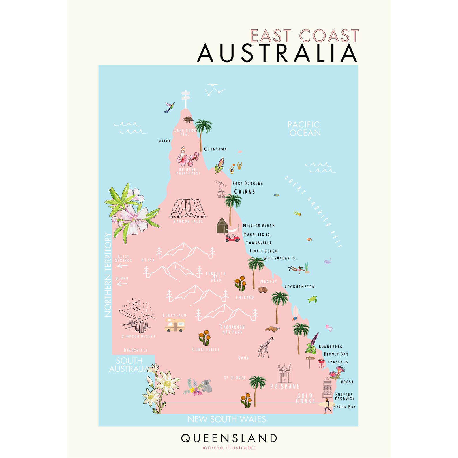 Queensland Map, Australia Poster, Illustrated Landmark Map, East Coast ...