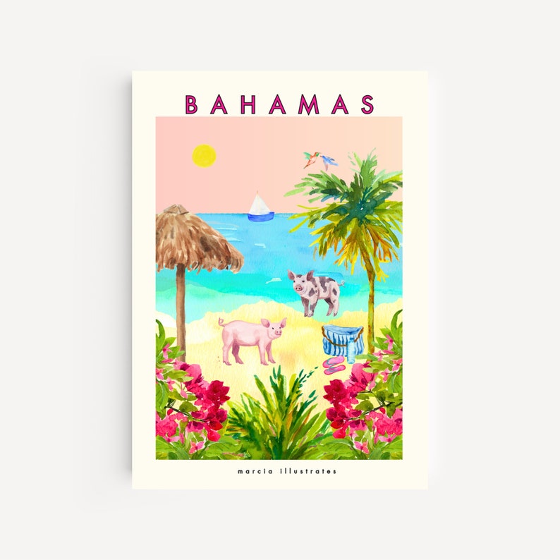 Exuma Bahamas Wall Art, Exuma Pigs Illustration, Exuma Caribbean Print ...