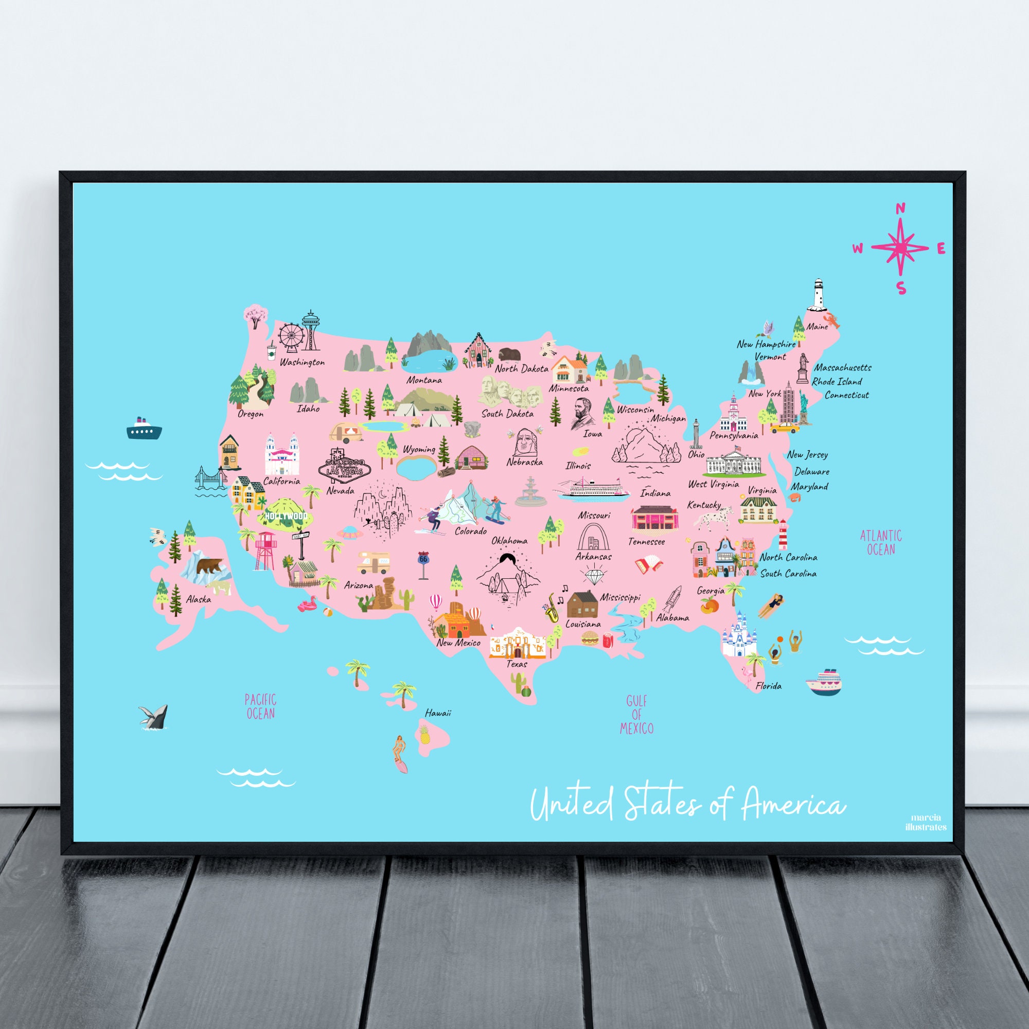USA Landmark Map, America Landmark Map, USA Wall Art, USA Travel Poster ...