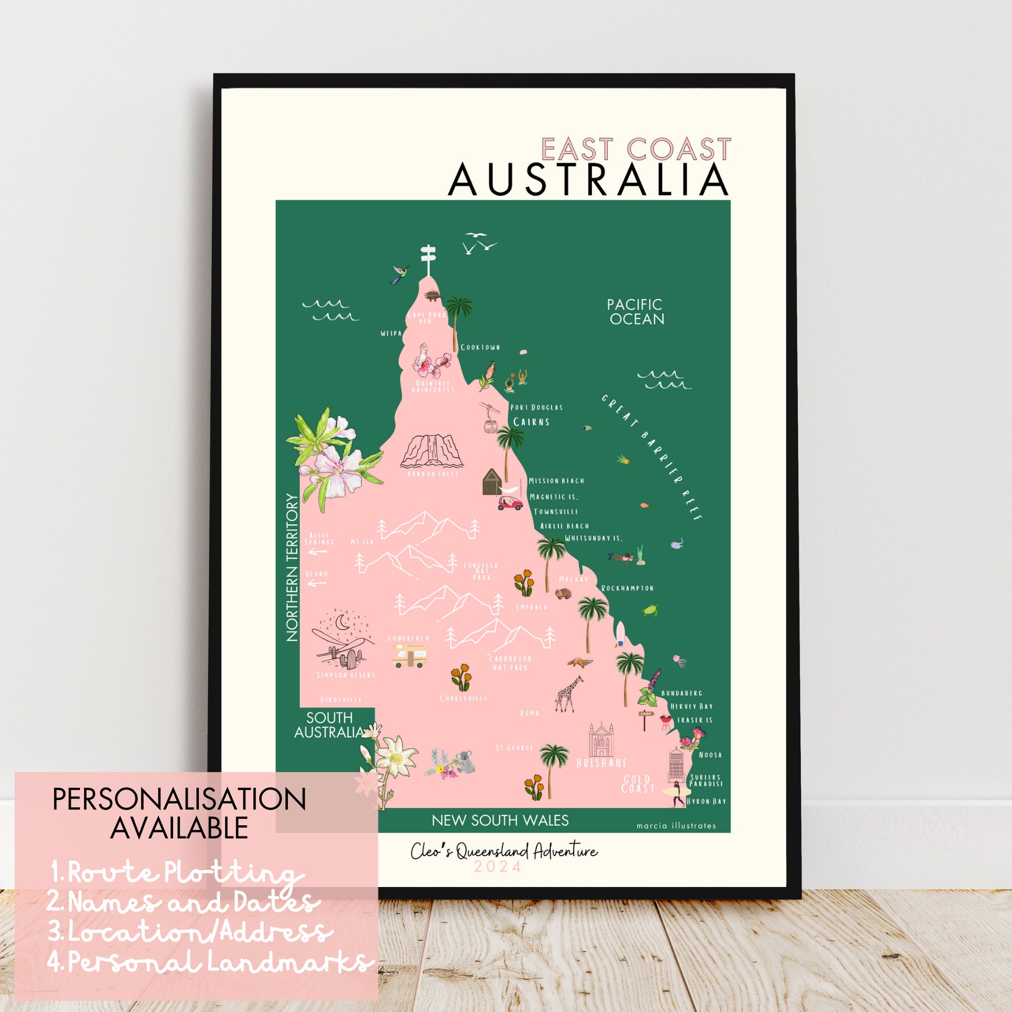 Queensland Map, Australia Poster, Illustrated Landmark Map, East Coast ...