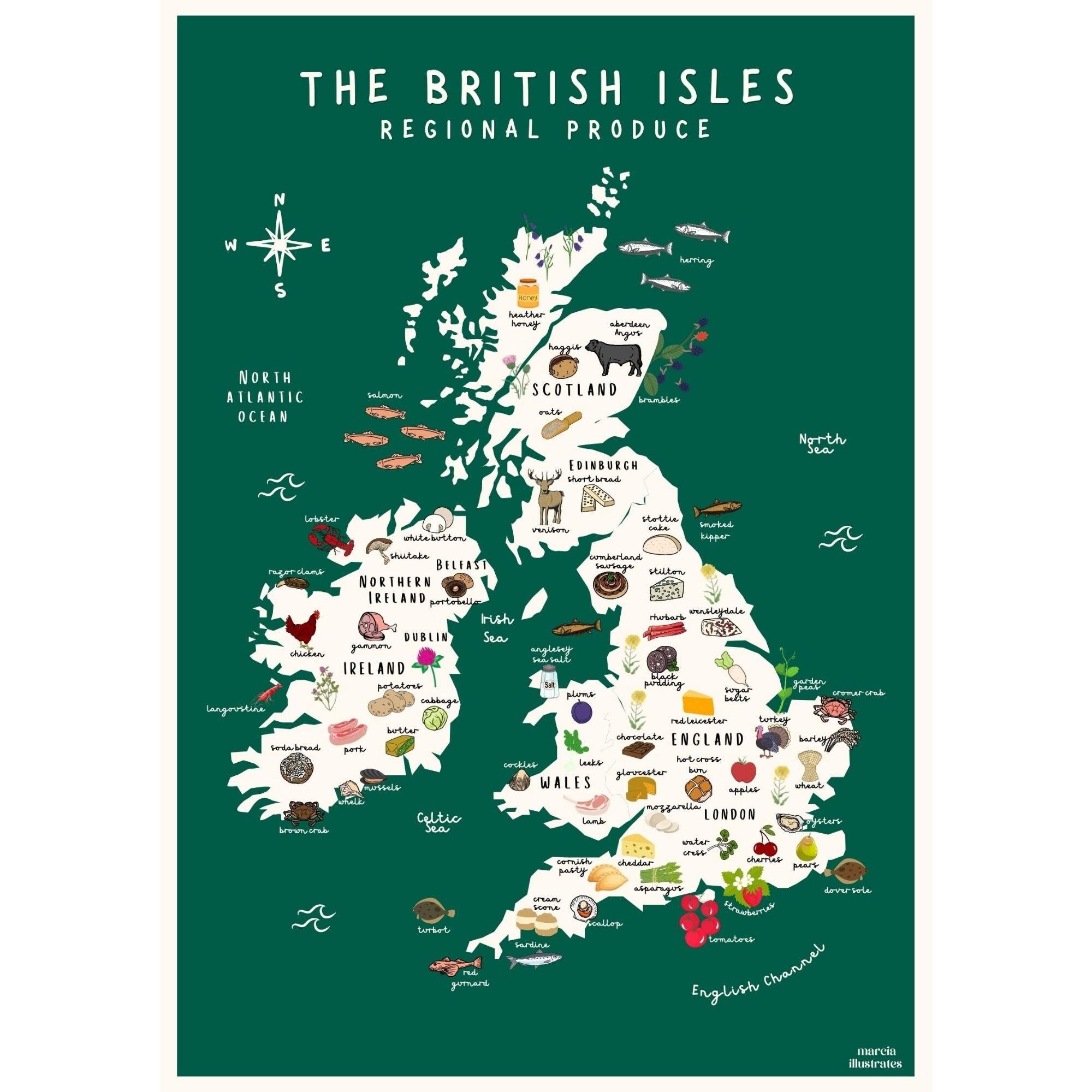 The British Isles Map, UK Food Map, UK Food Produce Map, UK Illustrated ...