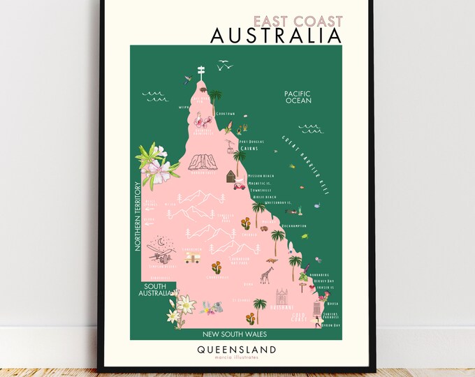 Queensland Map, Australia Poster, Illustrated Landmark Map, East Coast ...