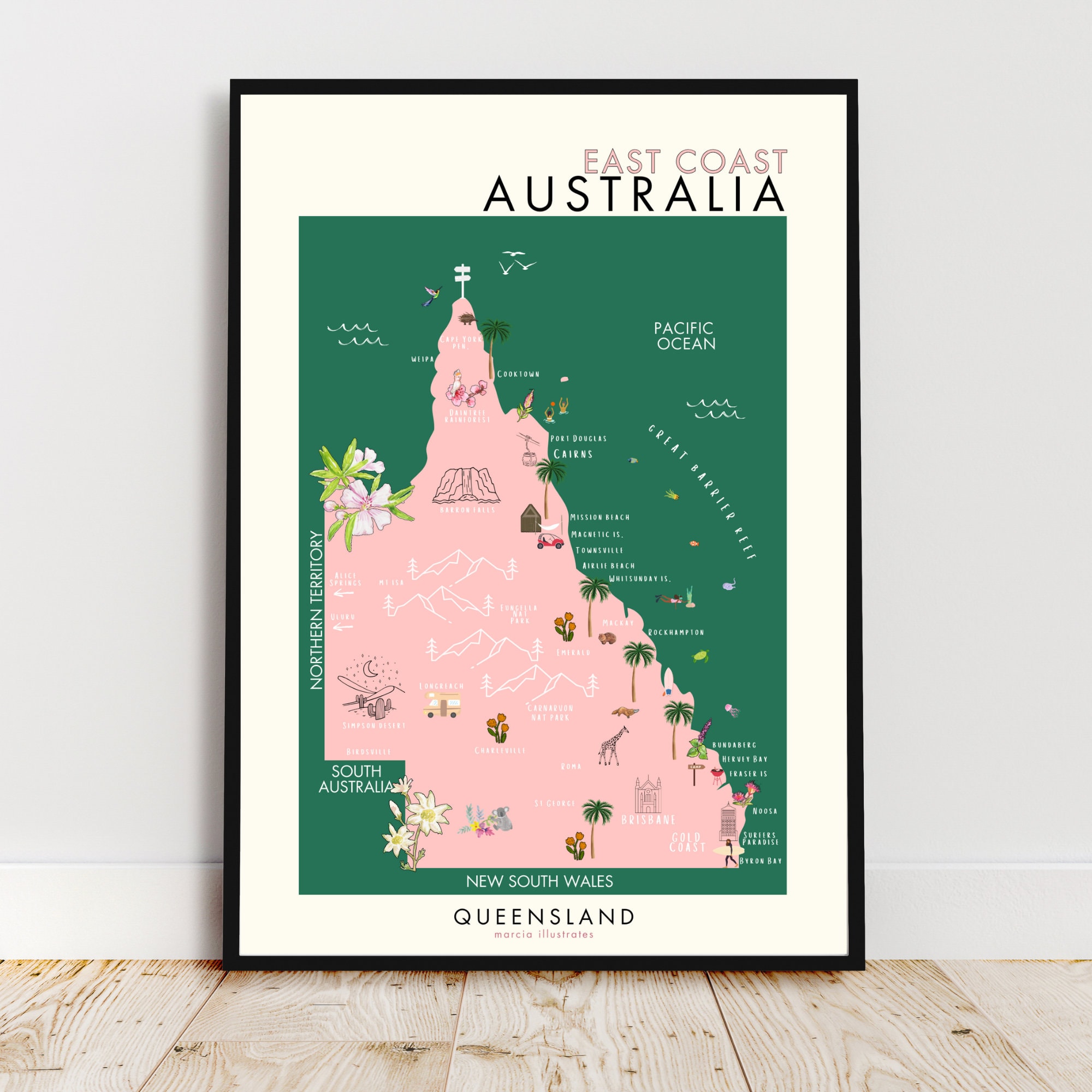 Queensland Map, Australia Poster, Illustrated Landmark Map, East Coast ...