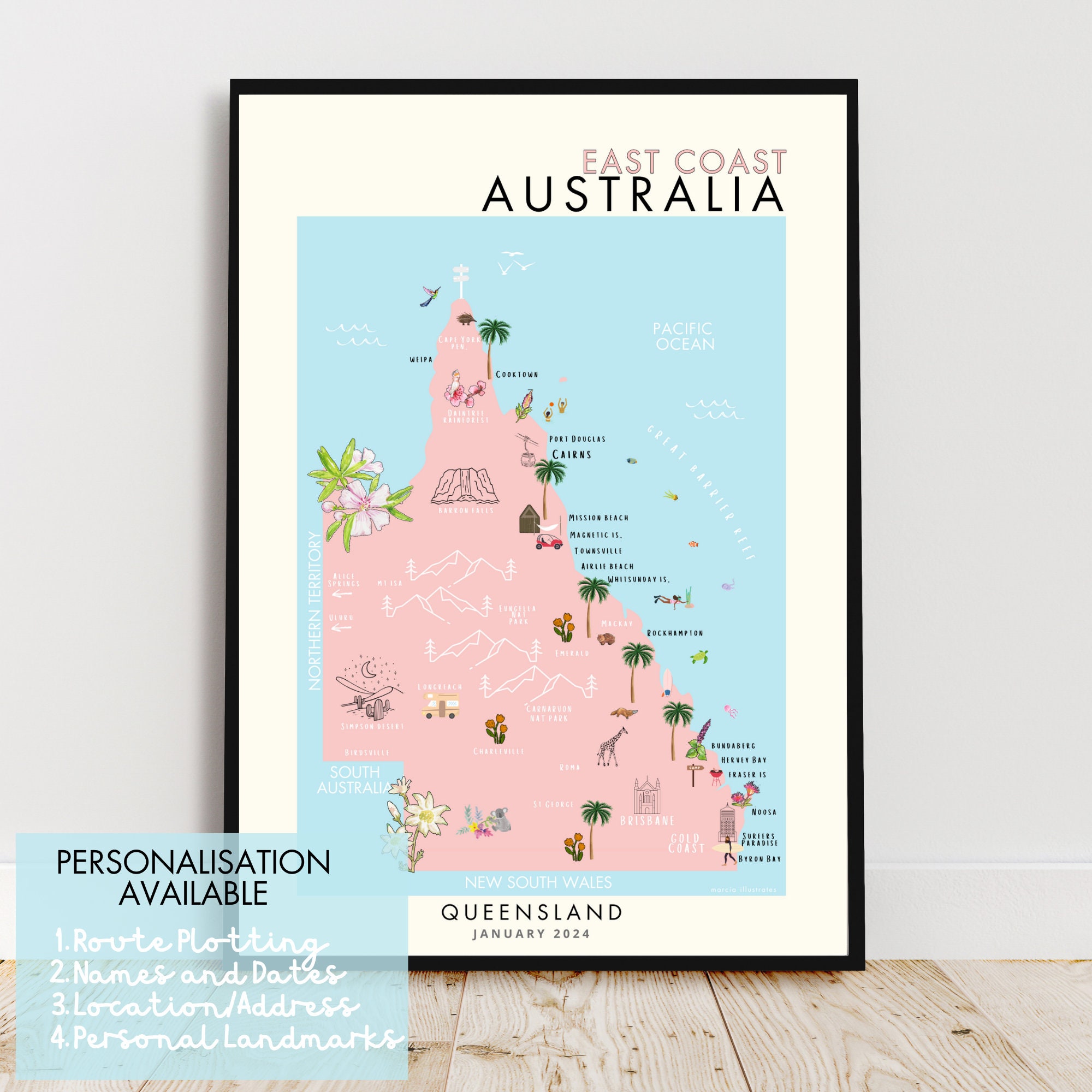 Queensland Map, Australia Poster, Illustrated Landmark Map, East Coast ...