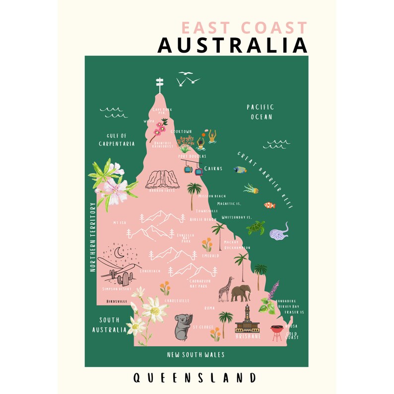 Queensland Map Australia Poster Illustrated Landmark Map - Etsy