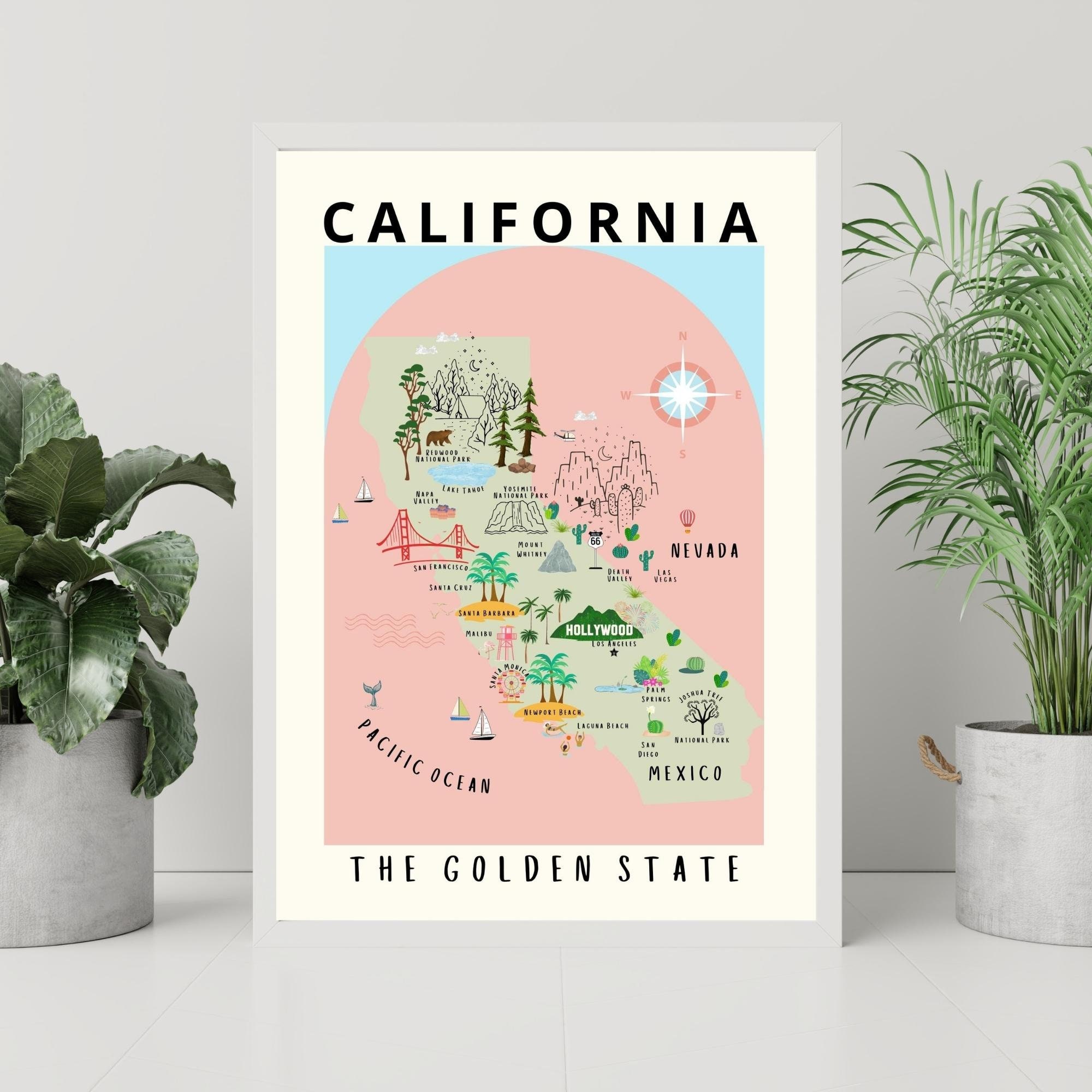 California Map, Pink California Poster, Illustrated Landmark Map, Pink ...