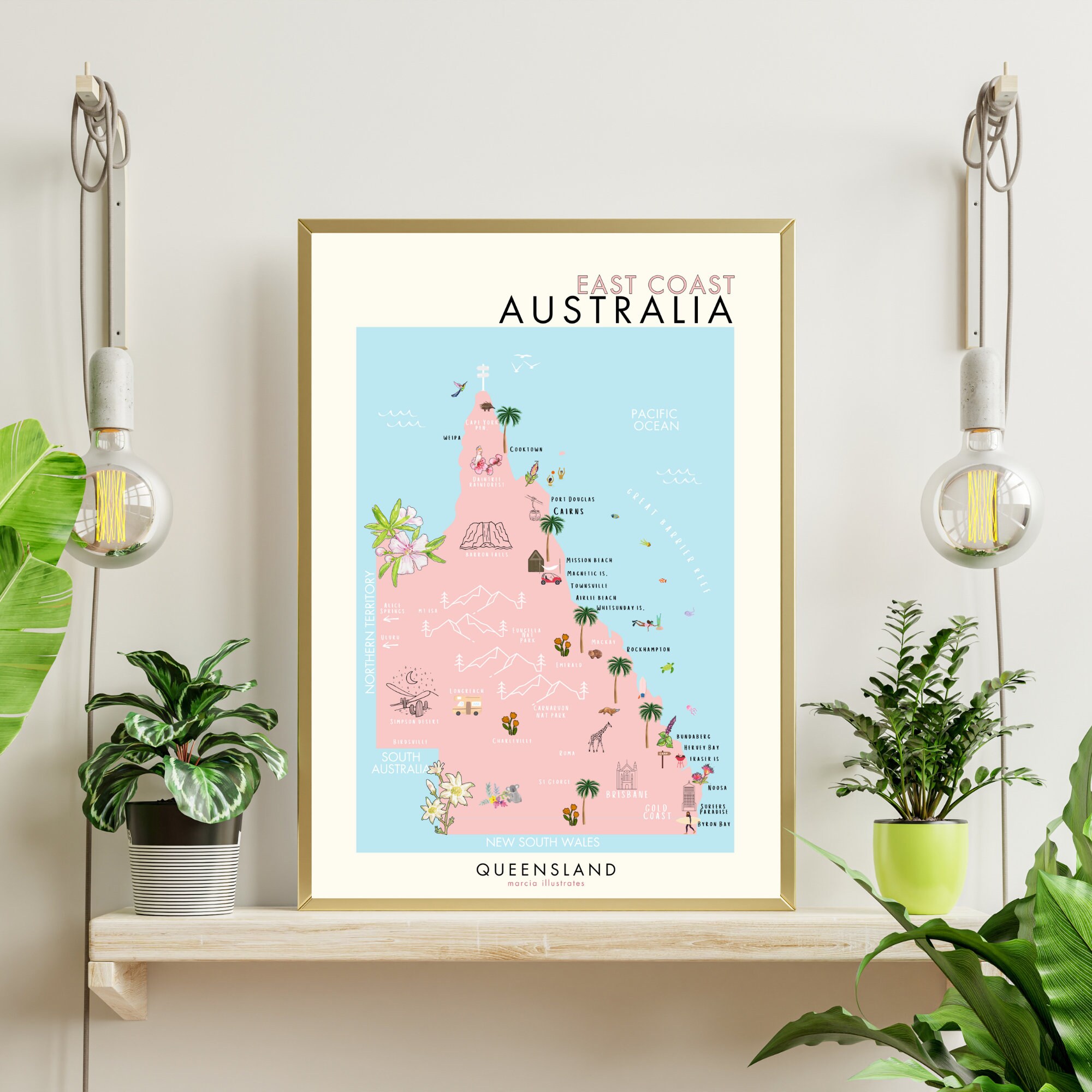 Queensland Map, Australia Poster, Illustrated Landmark Map, East Coast ...