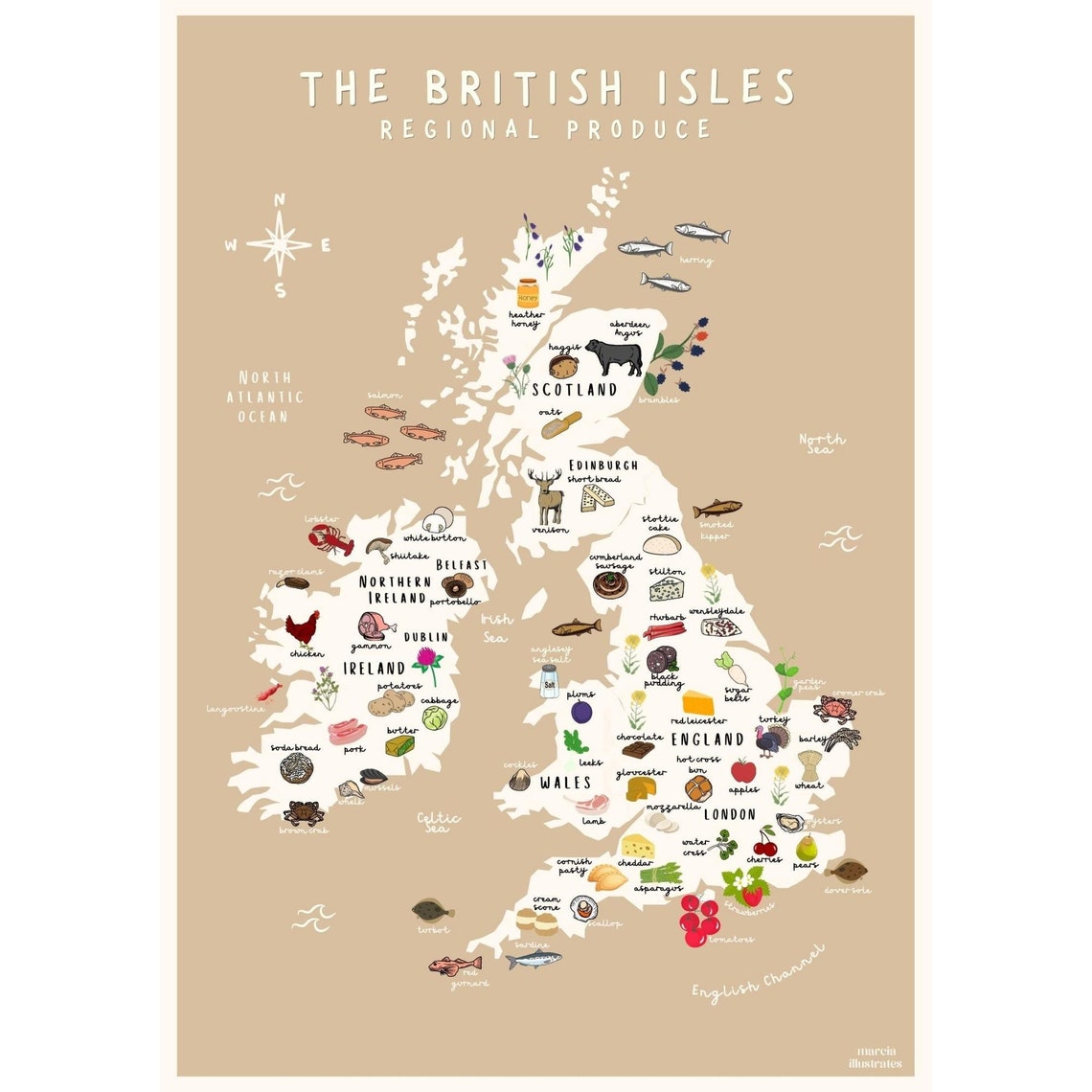The British Isles Map, UK Food Map, UK Food Produce Map, UK Illustrated Map, Ireland Illustrated ...