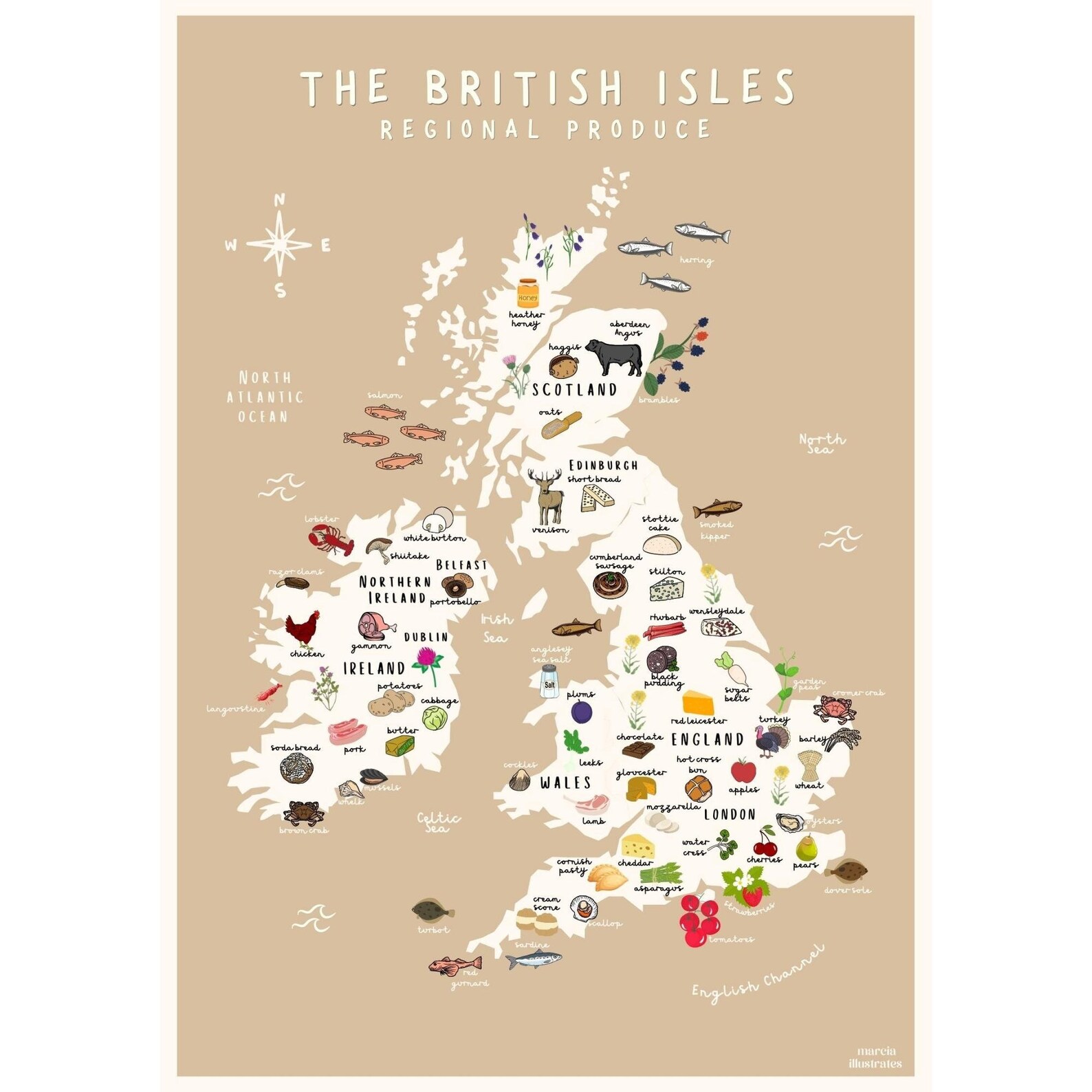 The British Isles Map, UK Food Map, UK Food Produce Map, UK Illustrated ...