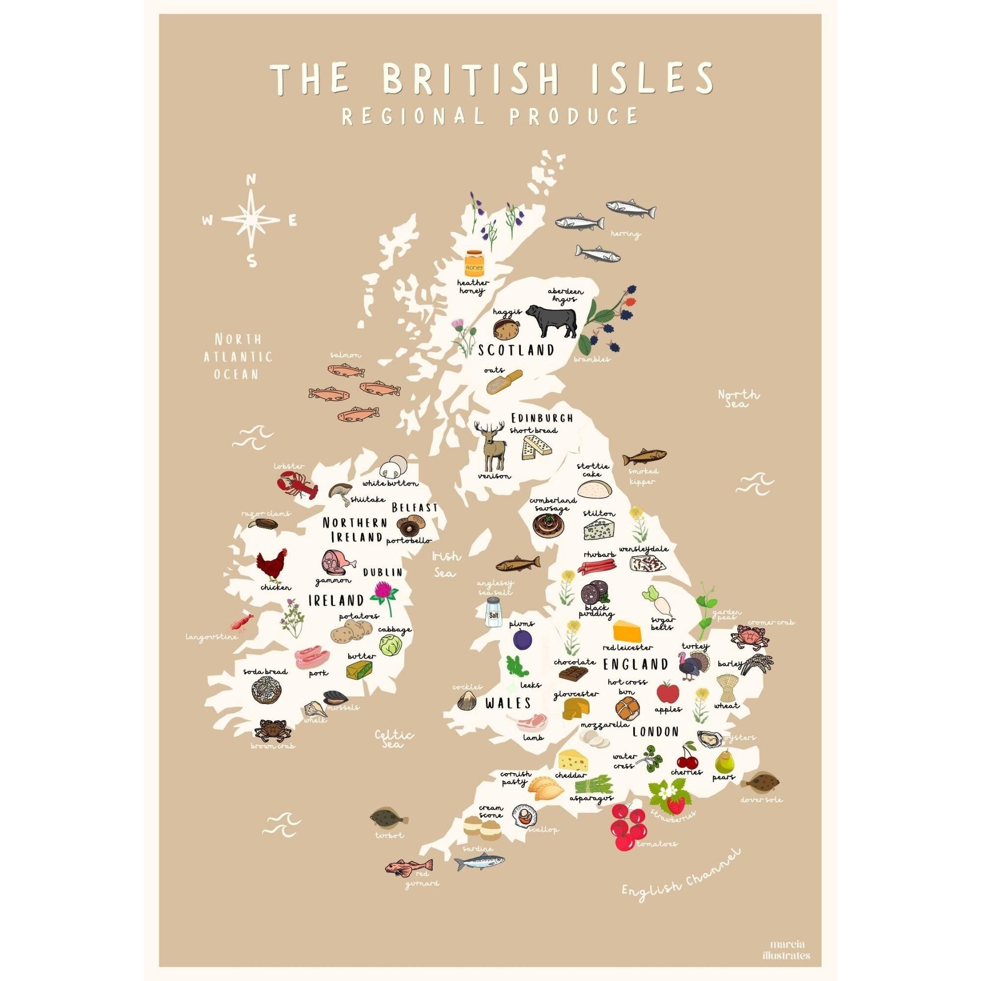 The British Isles Map, UK Food Map, UK Food Produce Map, UK Illustrated ...