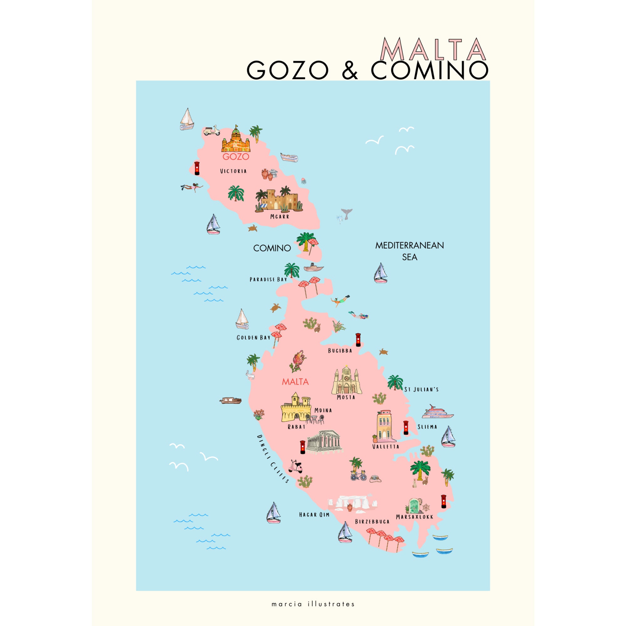 Malta Illustrated Map, A4 Malta Map, Malta Print, Pictorial Map of ...