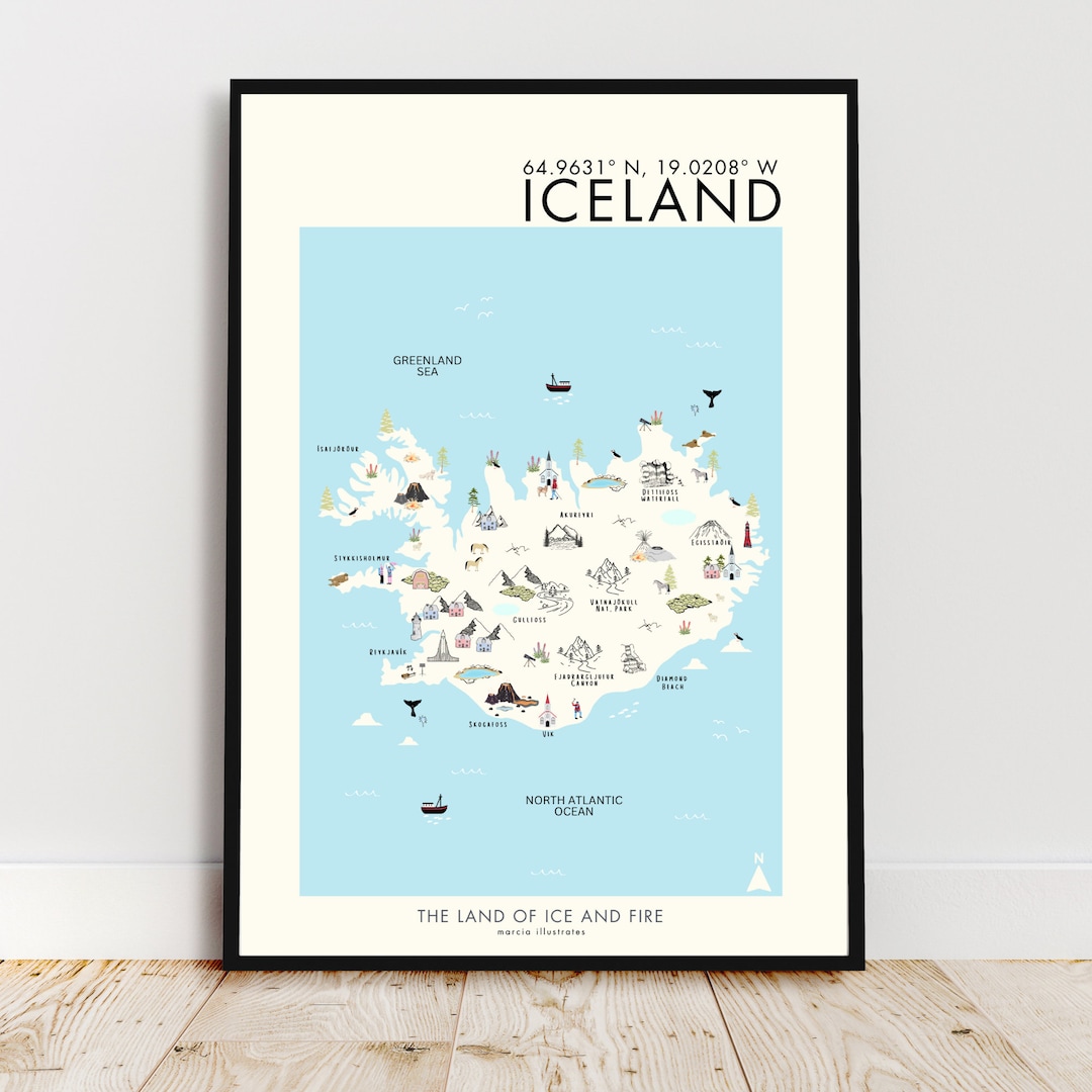 Iceland Map, Iceland Poster, Illustrated Iceland Landmark Map, Iceland ...