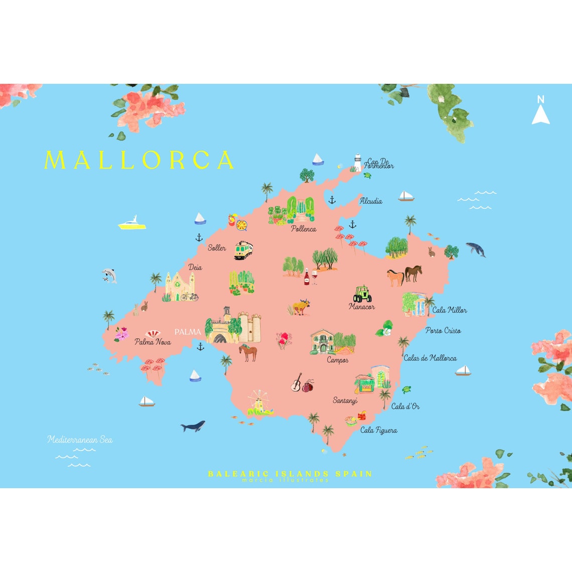 Mallorca Illustrated Map Mallorca Map Majorca Spain Map - Etsy UK