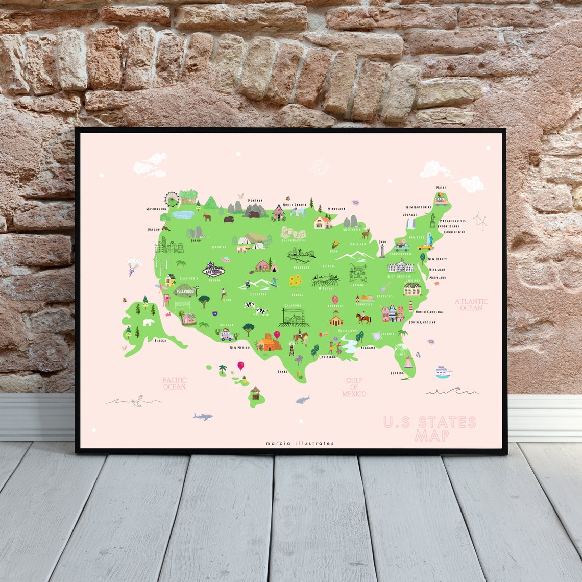 US Illustrated Map A4 Us Map Usa Print Pictorial Map of - Etsy