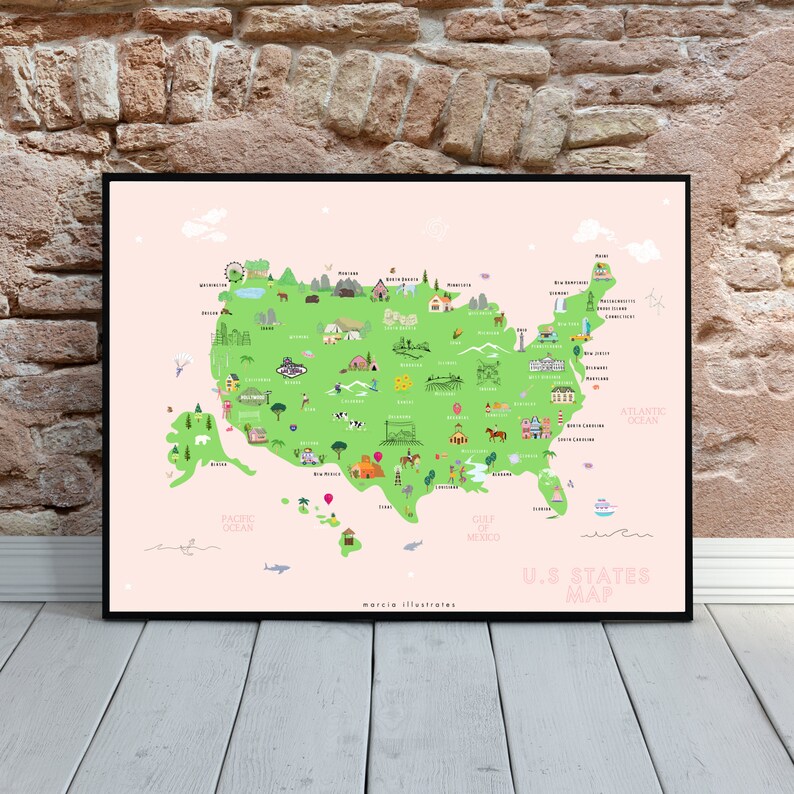 US Illustrated Map, A4 Us Map, Usa Print, Pictorial Map of Usa, US ...