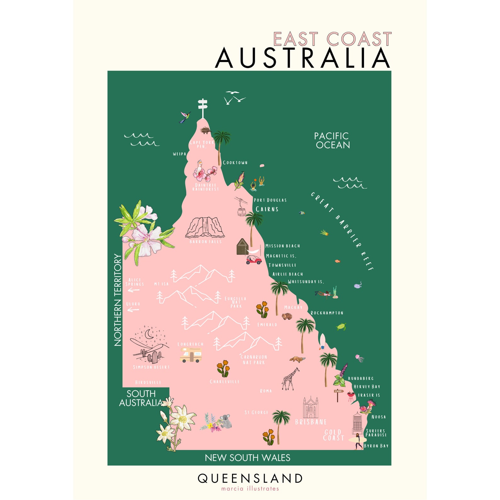 Queensland Map, Australia Poster, Illustrated Landmark Map, East Coast ...