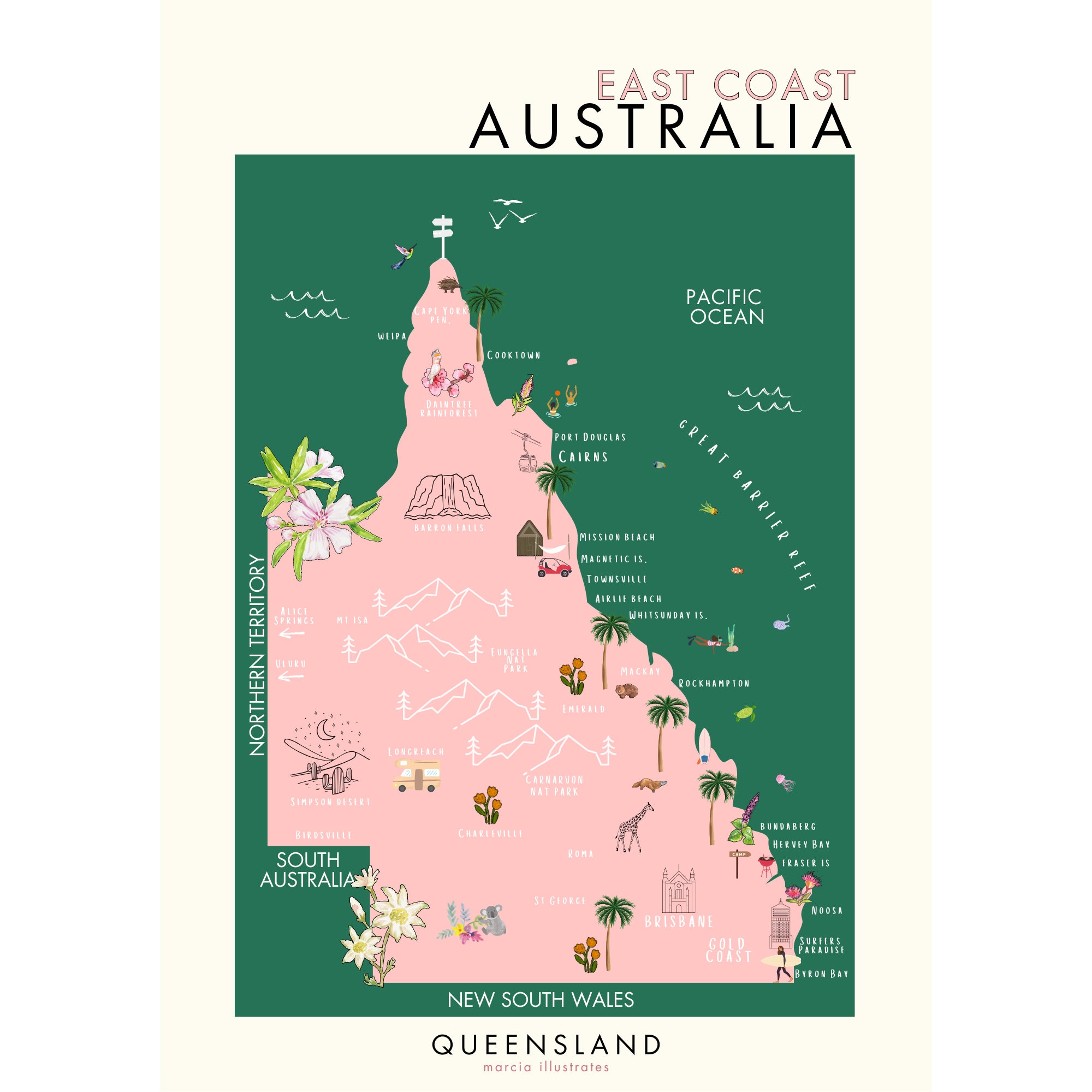 Queensland Map, Australia Poster, Illustrated Landmark Map, East Coast ...