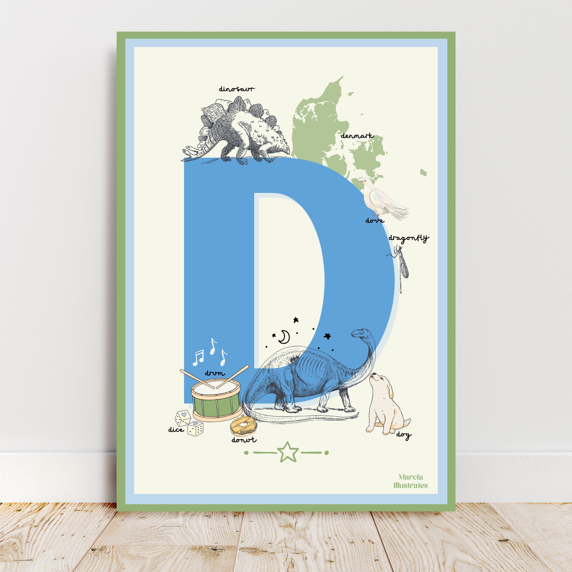 Letter D Illustrated Alphabet Print, Eclectic Nursery Art, Letter D ...