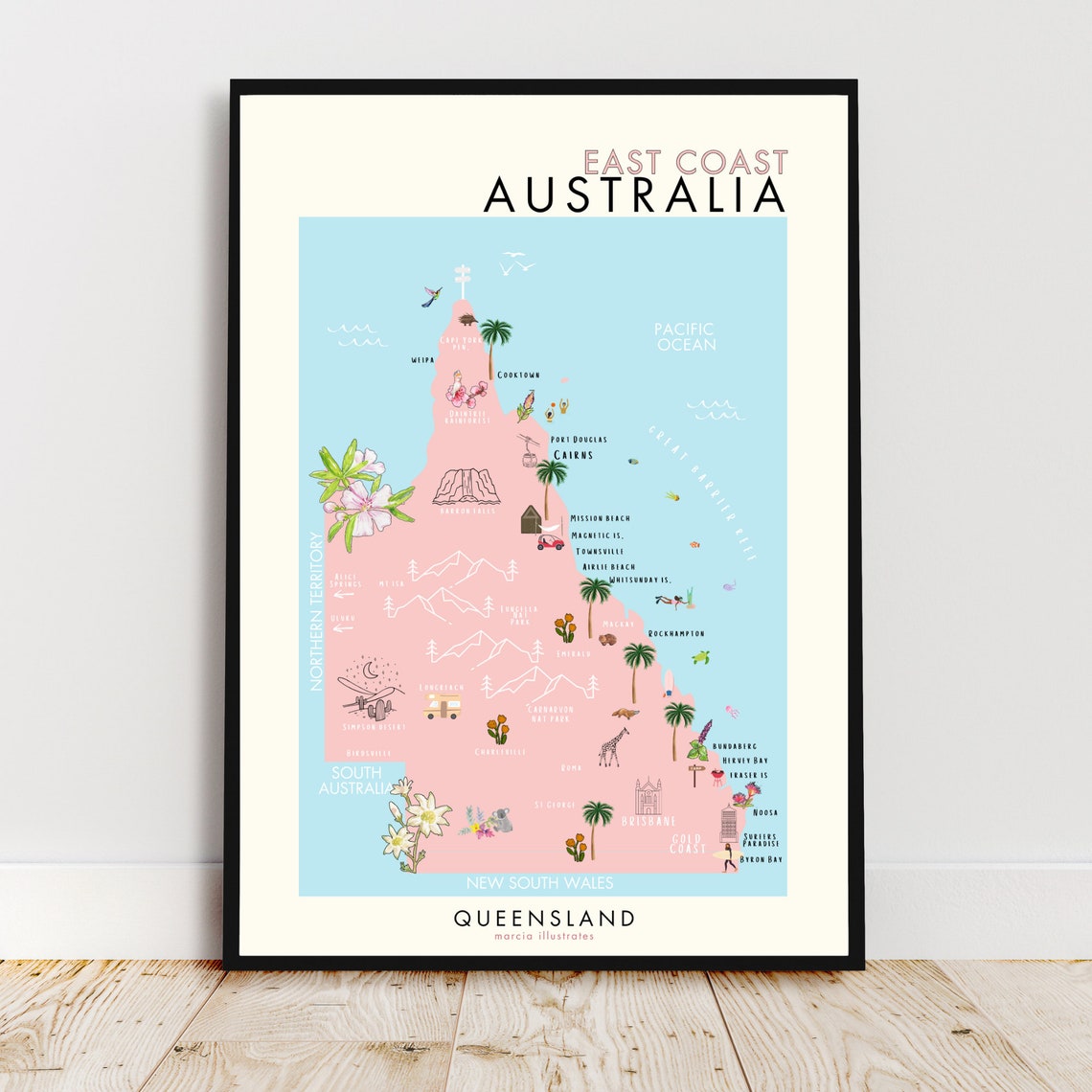 Queensland Map, Australia Poster, Illustrated Landmark Map, East Coast ...